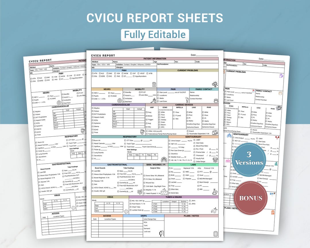 Editable ICU Nurse Report Sheet for CVICU Report Sheet Graduate Nurse ...