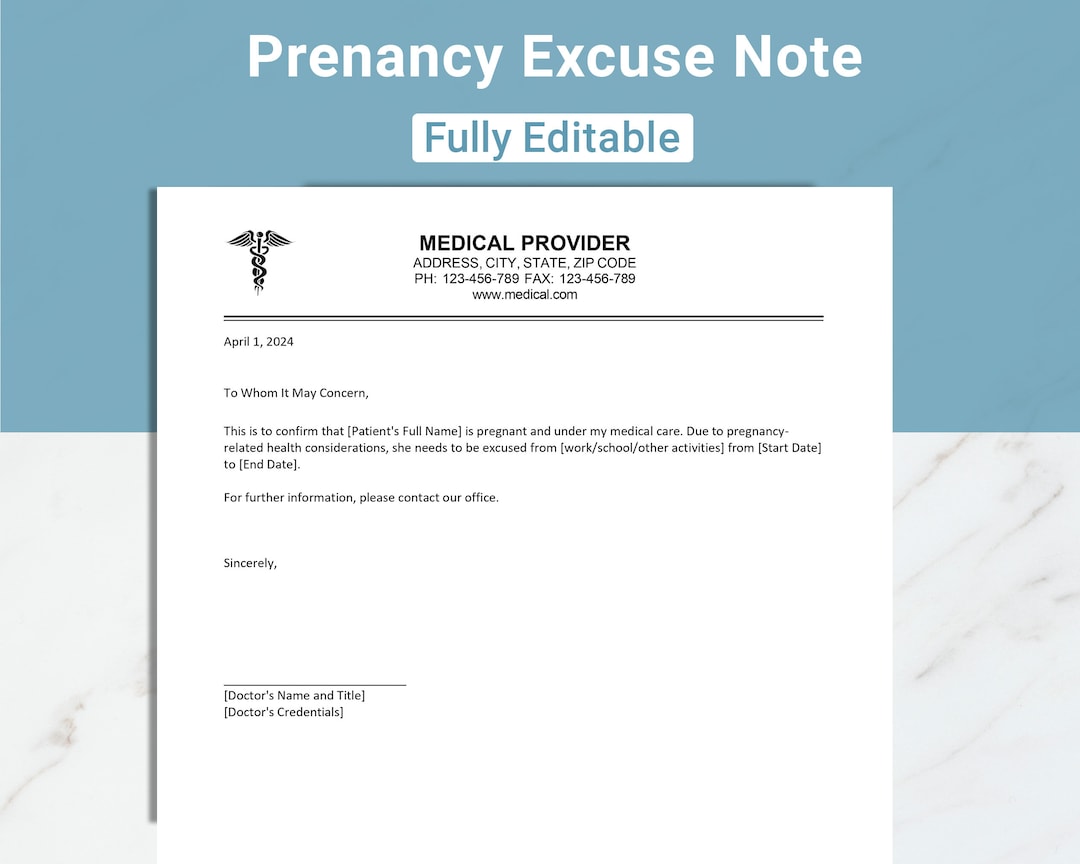 Editable Doctors Note for Pregnancy, OBGYN Work Excuse Template, School ...