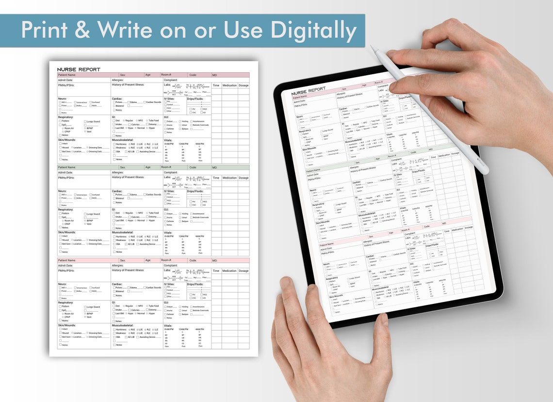 Editable 3 Patient Nursing Report Sheet W/ Hourly Rounding, Med Surg ...