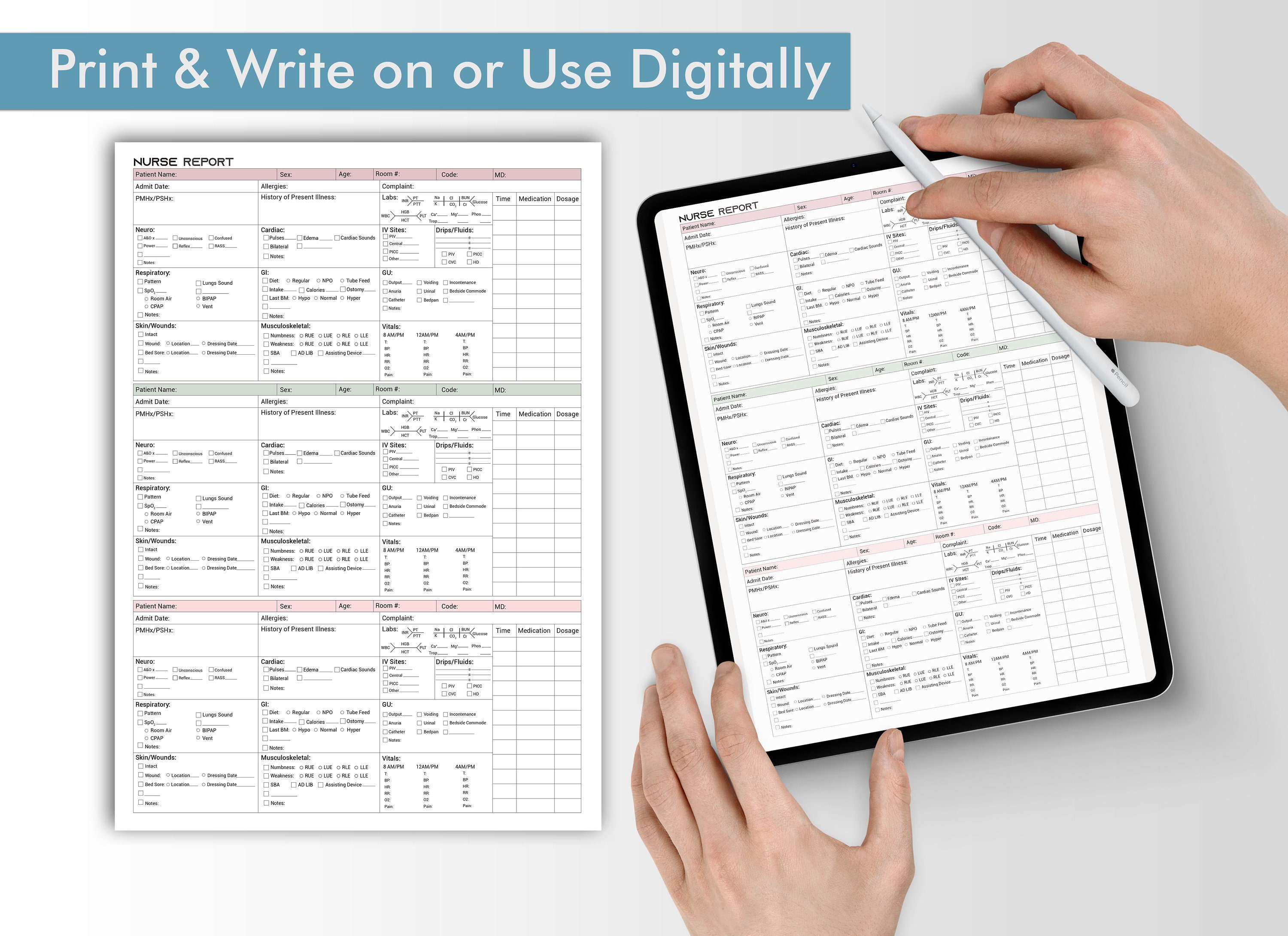 Editable 3 Patient Nursing Report Sheet W/ Hourly Rounding, Med Surg ...