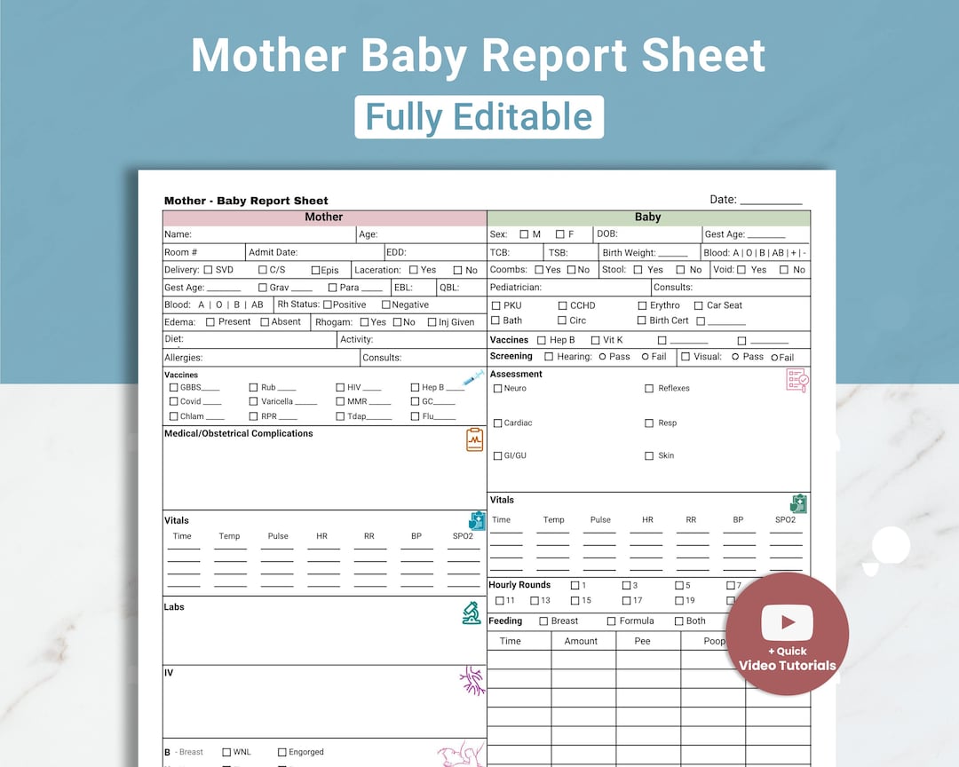 Editable Mother Baby Nurse Report Sheet Medsurg | Postpartum Nursing ...