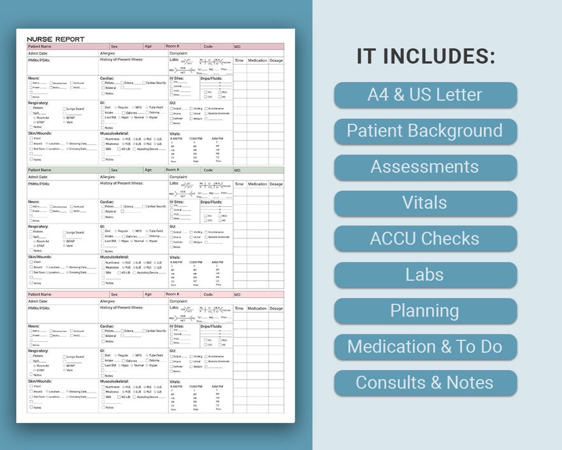 Editable 3 Patient Nursing Report Sheet W/ Hourly Rounding, Med Surg ...