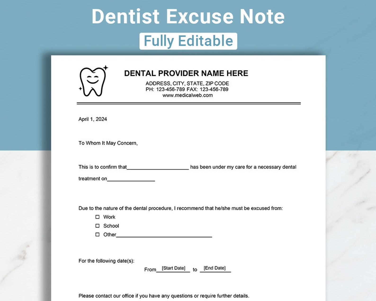 Editable Dentist Excuse Note Dr Excuse Template Doctor's Note for Work ...