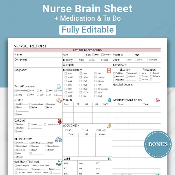 Nursing Brain Sheet for Med Surg Nurse Report Sheet Template - Etsy