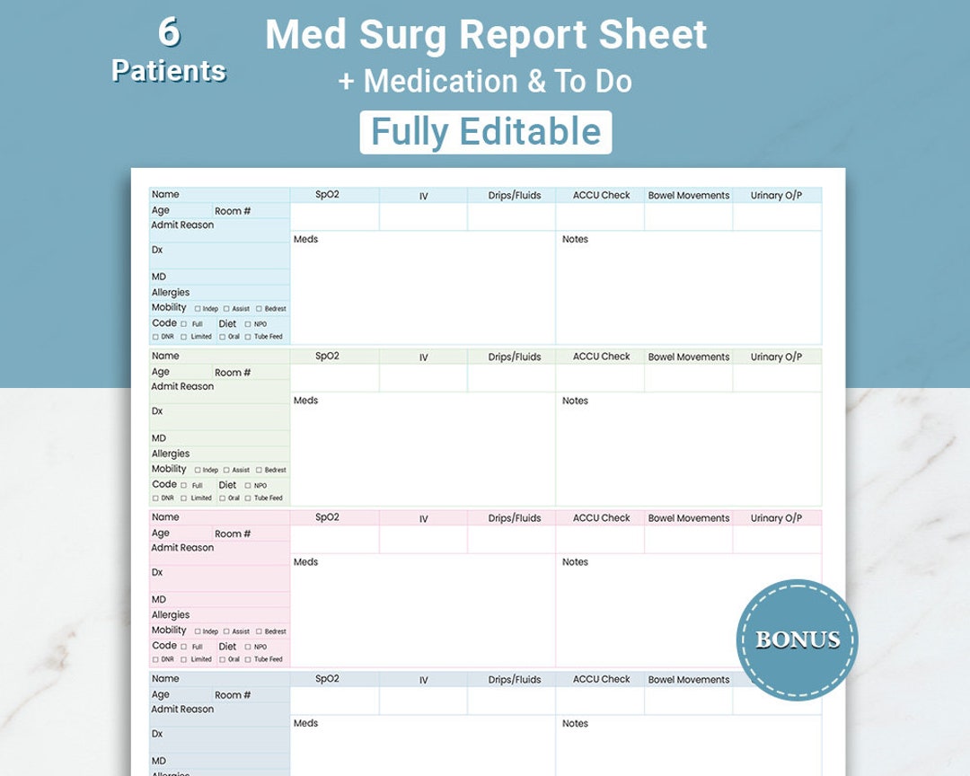 Editable Med Surg Report 6 Patient, Nurse Report Sheet ICU Nurse Brain ...