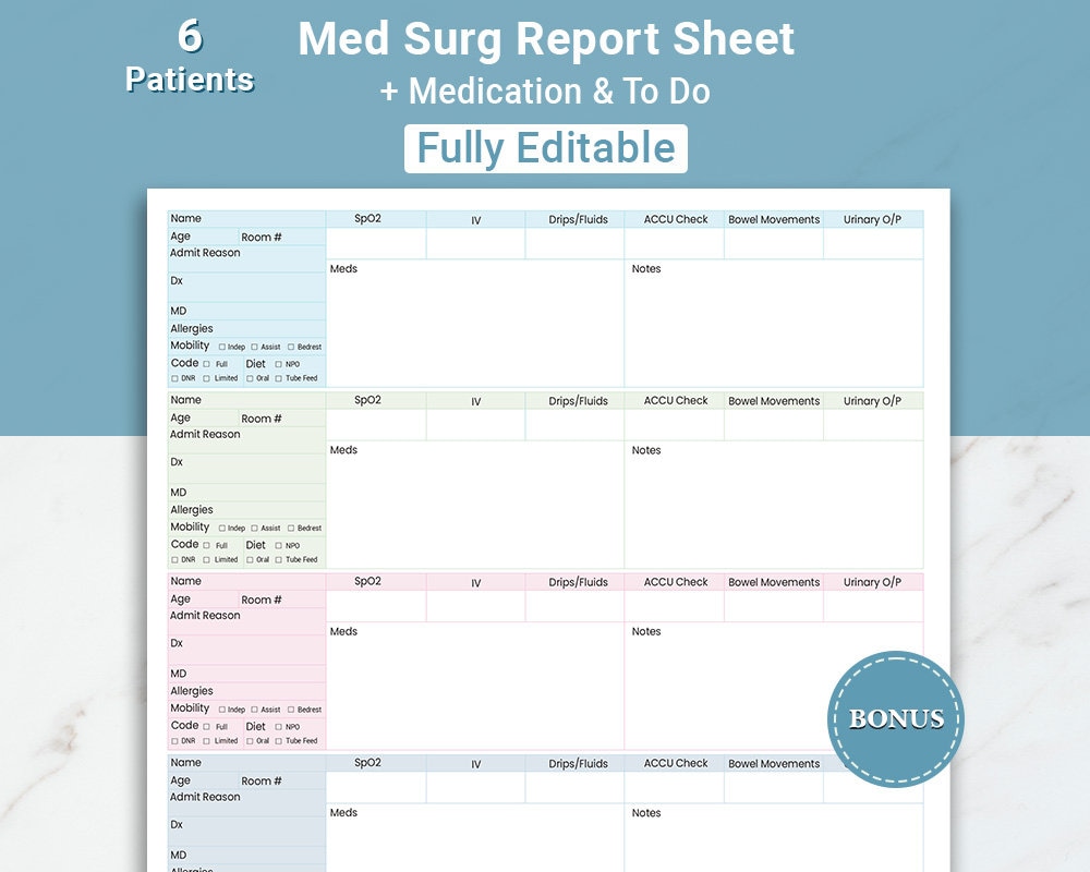 Editable Med Surg Report 6 Patient, Nurse Report Sheet ICU Nurse Brain ...