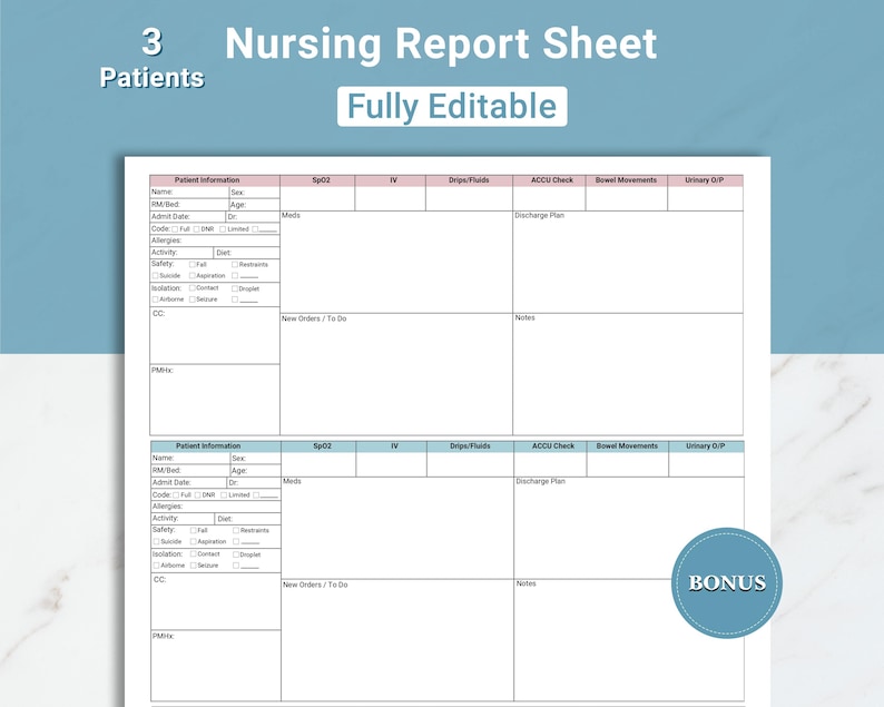 Editable Med Surg Nurse Brain Sheet 3 Patient Nurse Report Sheet ICU ...