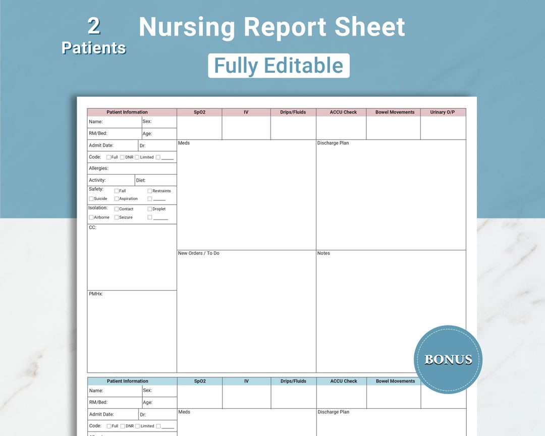 ICU Report Sheet Editable Nurse Report Sheet Med Surg 2 Patient Report Sheet Nursing Brain Sheet ...