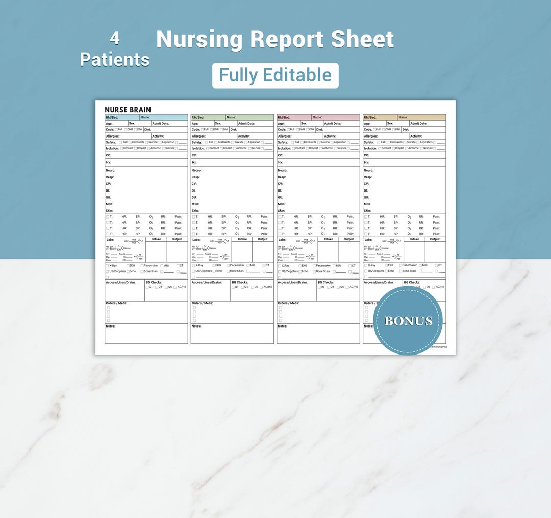 Editable Med Surg Nursing Brain Sheet 4 Patients Nurse ER Report Sheet ...