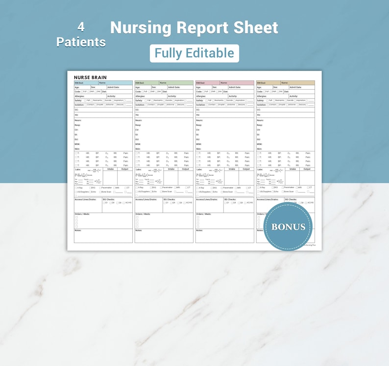 Editable Med Surg Nursing Brain Sheet 4 Patients Nurse ER Report Sheet ...