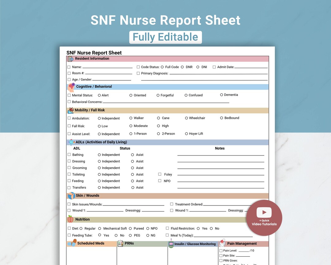 Editable Nursing Report Sheet SNF Nurse Cheat Sheet Charting Skilled ...