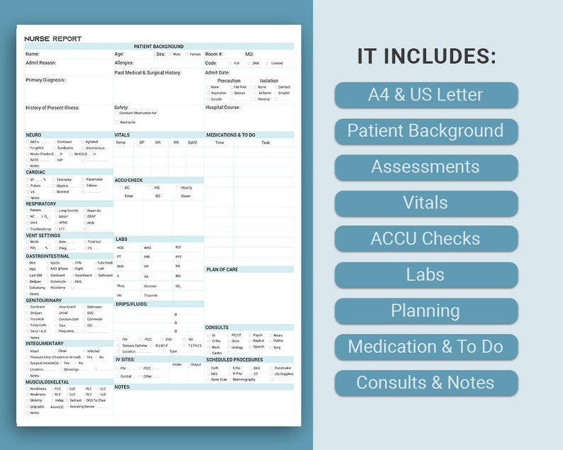Editable Nursing Report Sheet Telemetry Nurse Brain Med Surg ICU Report ...