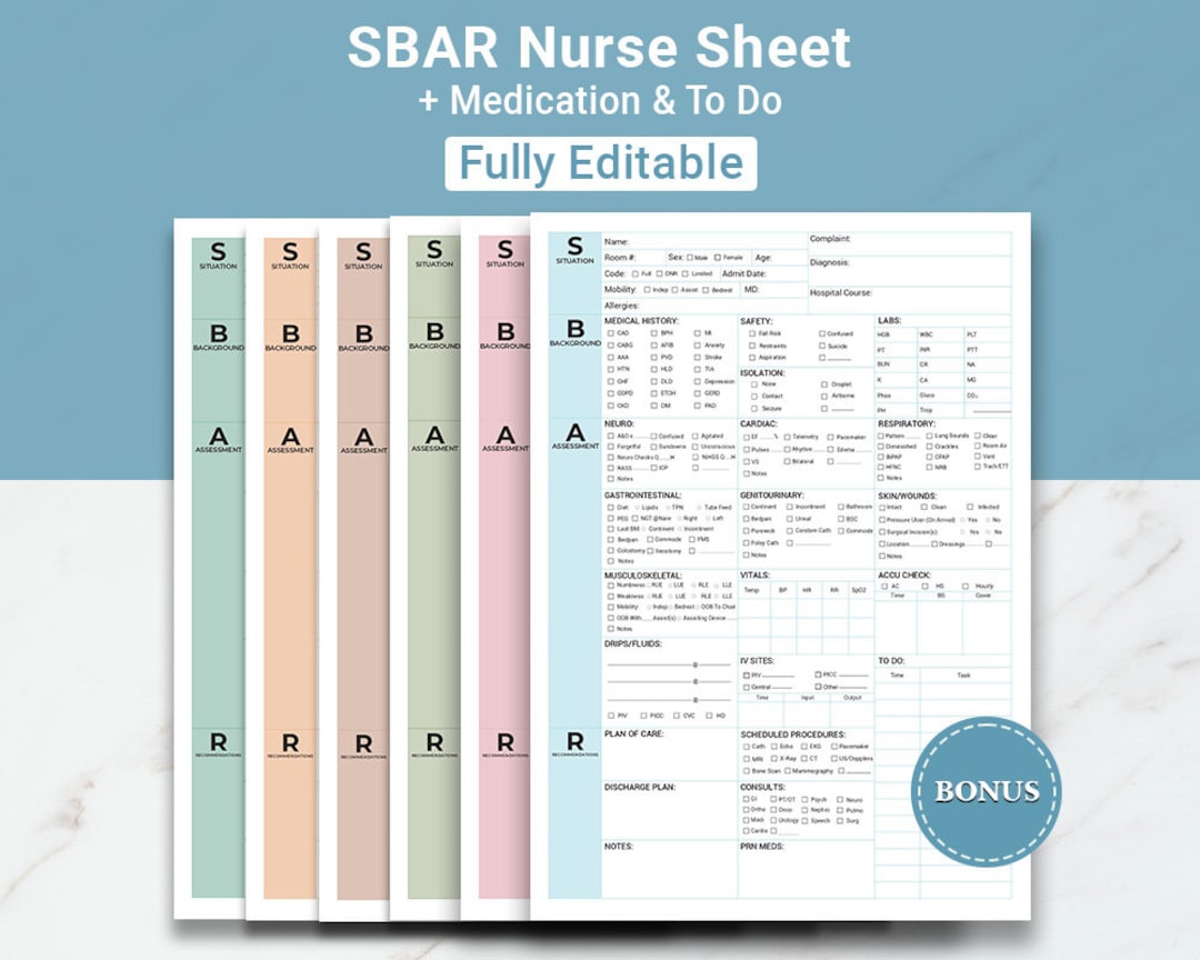 Editable SBAR Nurse Report Sheet Med, Surg Telemetry Nurse Brain ...