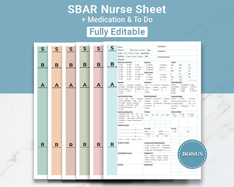 Editable SBAR Nurse Report Sheet Med Surg, Telemetry Nurse Brain Nursing Report Sheet W ...