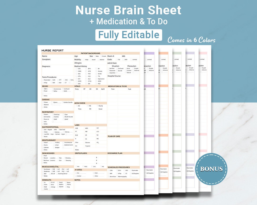 Editable Nurse Brain Med Surg, ICU Nurse Report Sheet Nursing Patient ...