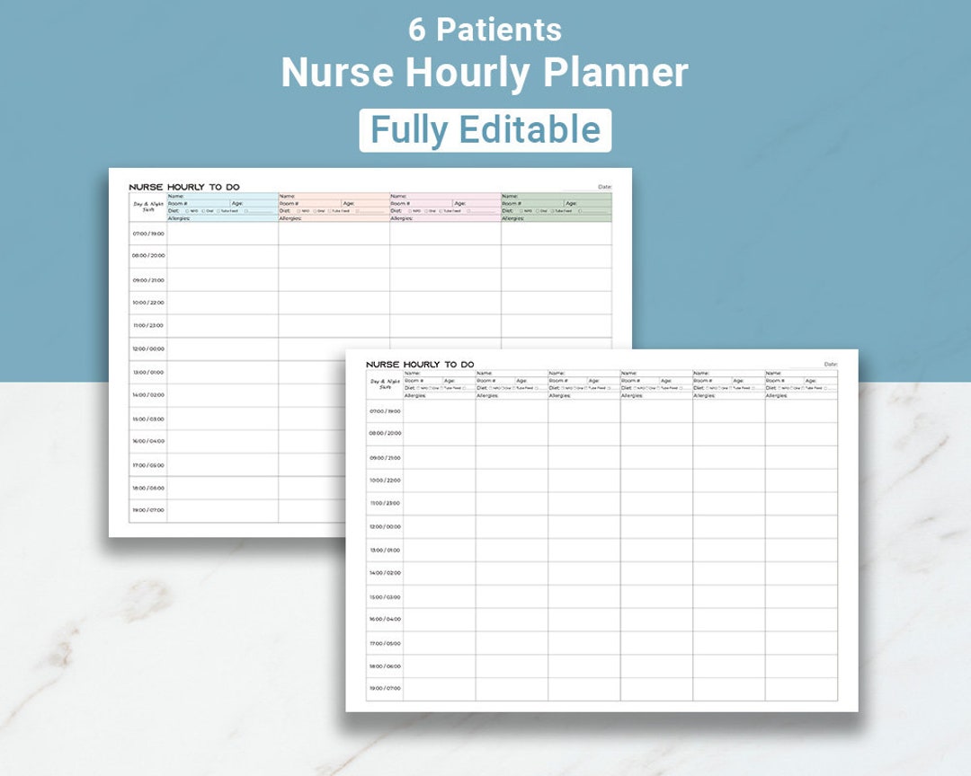 Editable Nurse Hourly Planner 6 Patient Medication, Nursing Report ...
