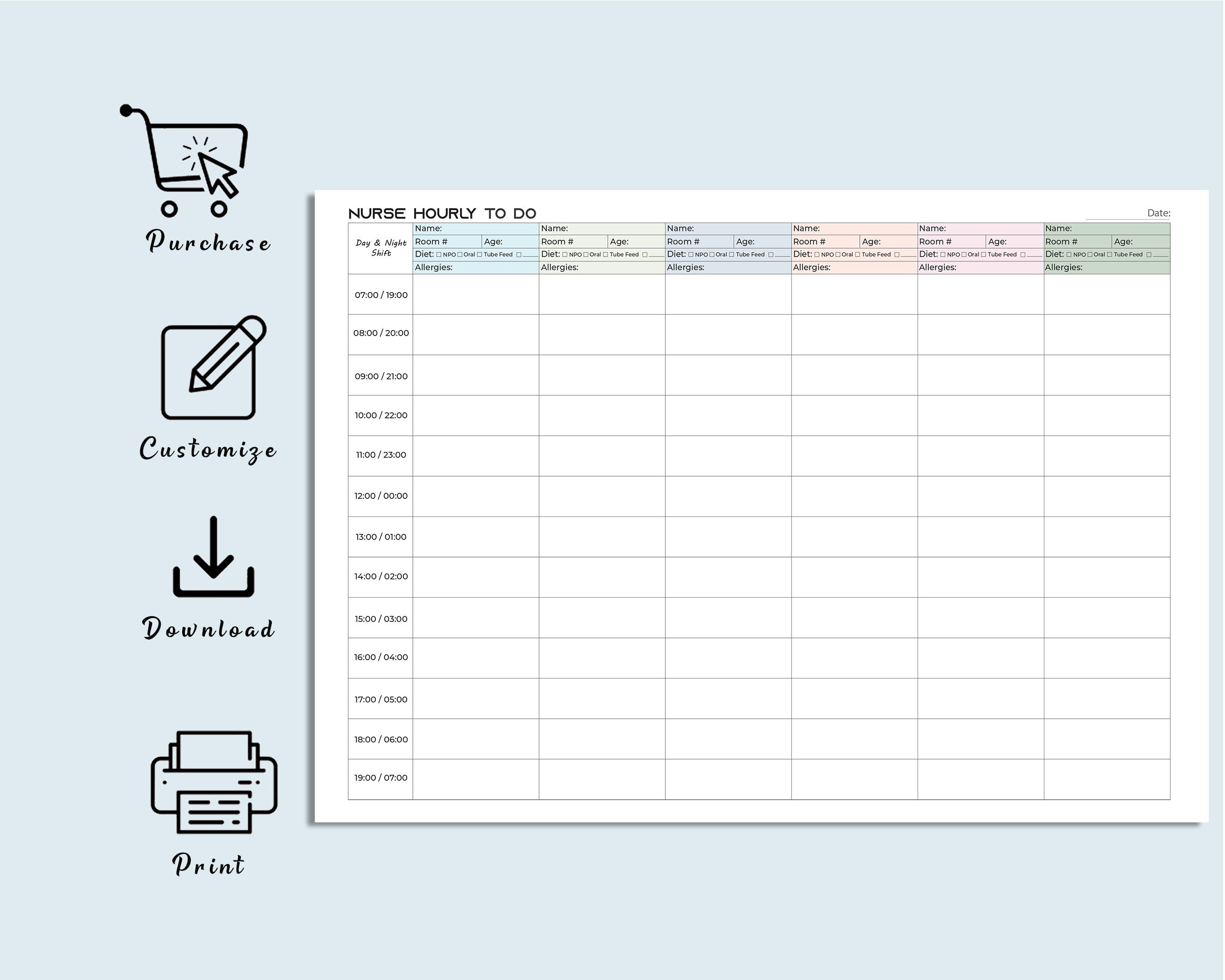 Editable Nurse Hourly Planner 6 Patient Medication, Nursing Report ...
