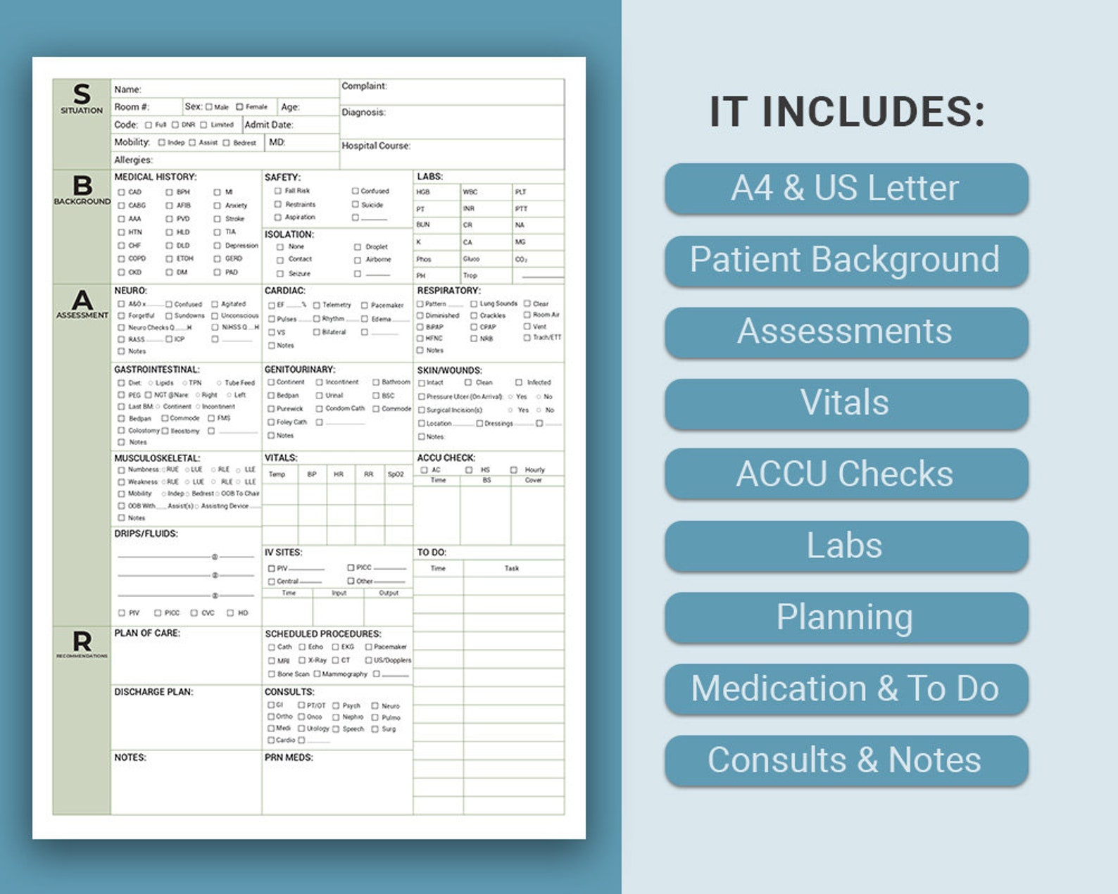 Editable SBAR Nurse Report Sheet Med, Surg Telemetry Nurse Brain ...