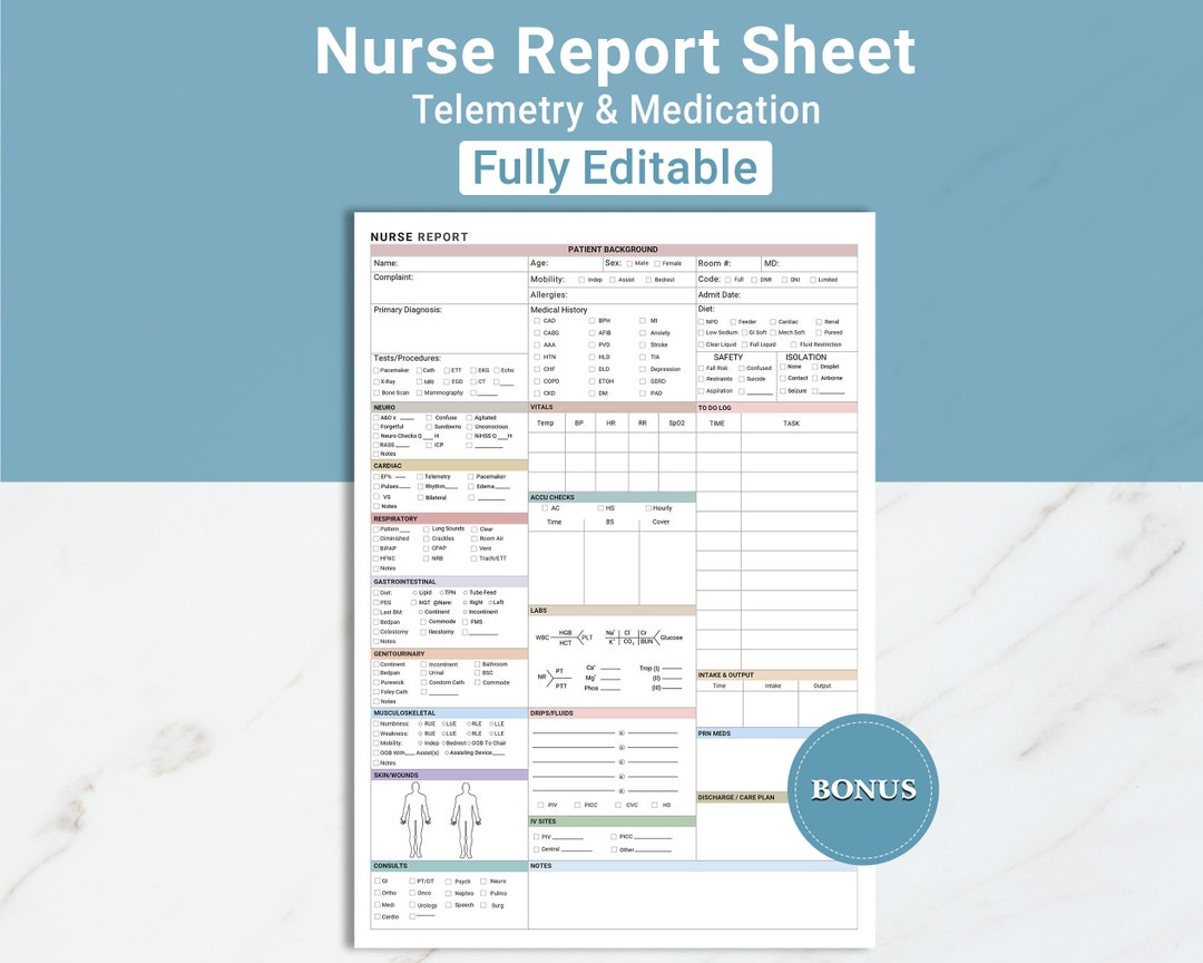 Editable Telemetry Nurse Report Sheet Med Surg Nursing Brain Sheet ...