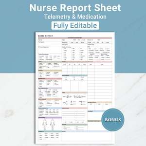 Editable Telemetry Nurse Report Sheet Med Surg Nursing Brain Sheet Cardiac Shift Report ICU ...