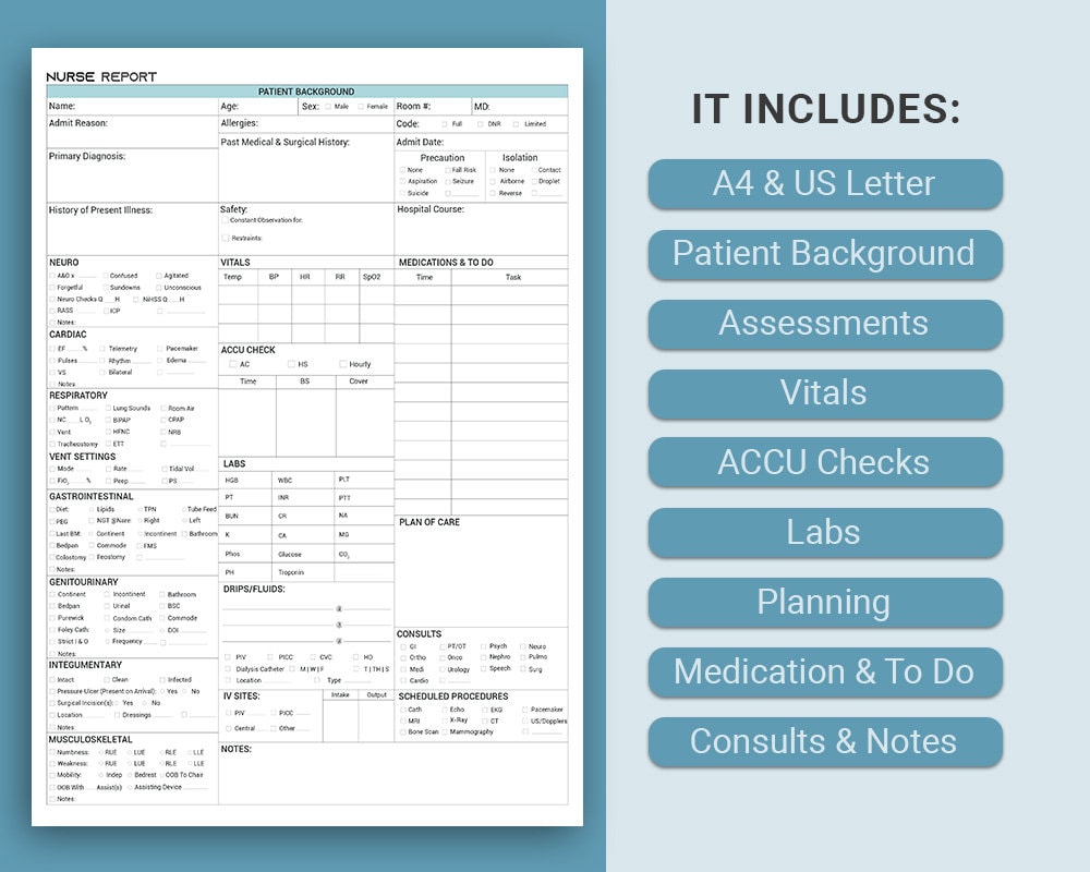 Editable Cardiac Nurse Report Sheet Telemetry Nurse Brain Report Sheet ...