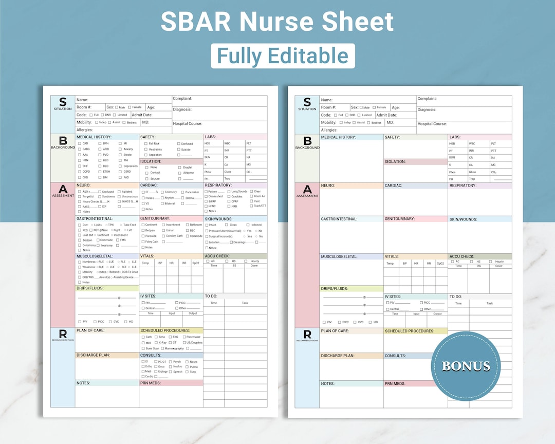 Editable SBAR Nurse Report Sheet Telemetry Medsurg Report Sheet Nursing ...