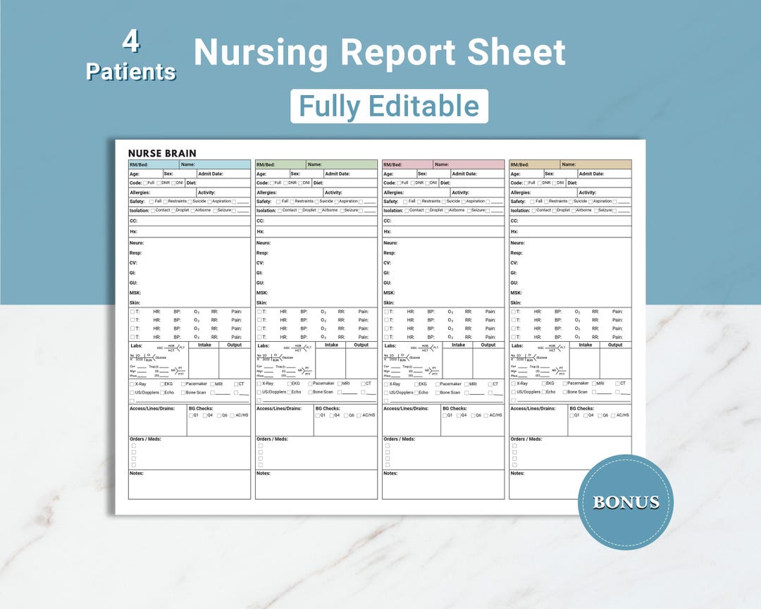 Editable Med Surg Nursing Brain Sheet 4 Patients Nurse ER Report Sheet ...