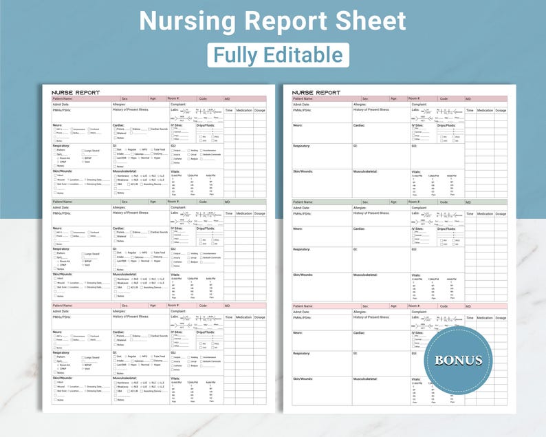 Editable Med Surg Report Sheet 3 Patient Nurse Report Sheet ICU Nursing ...