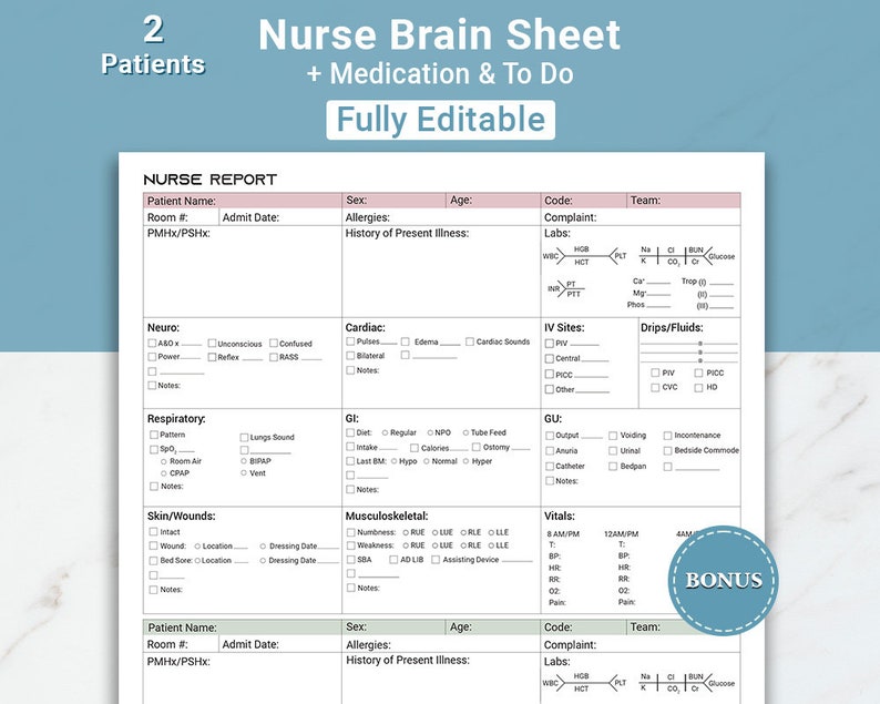 Editable ICU Nurse Report Sheet, 2 Patient Med Surg Report Sheet ...