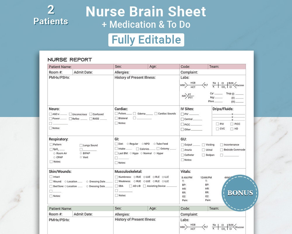 Editable ICU Nurse Report Sheet, 2 Patient Med Surg Report Sheet ...