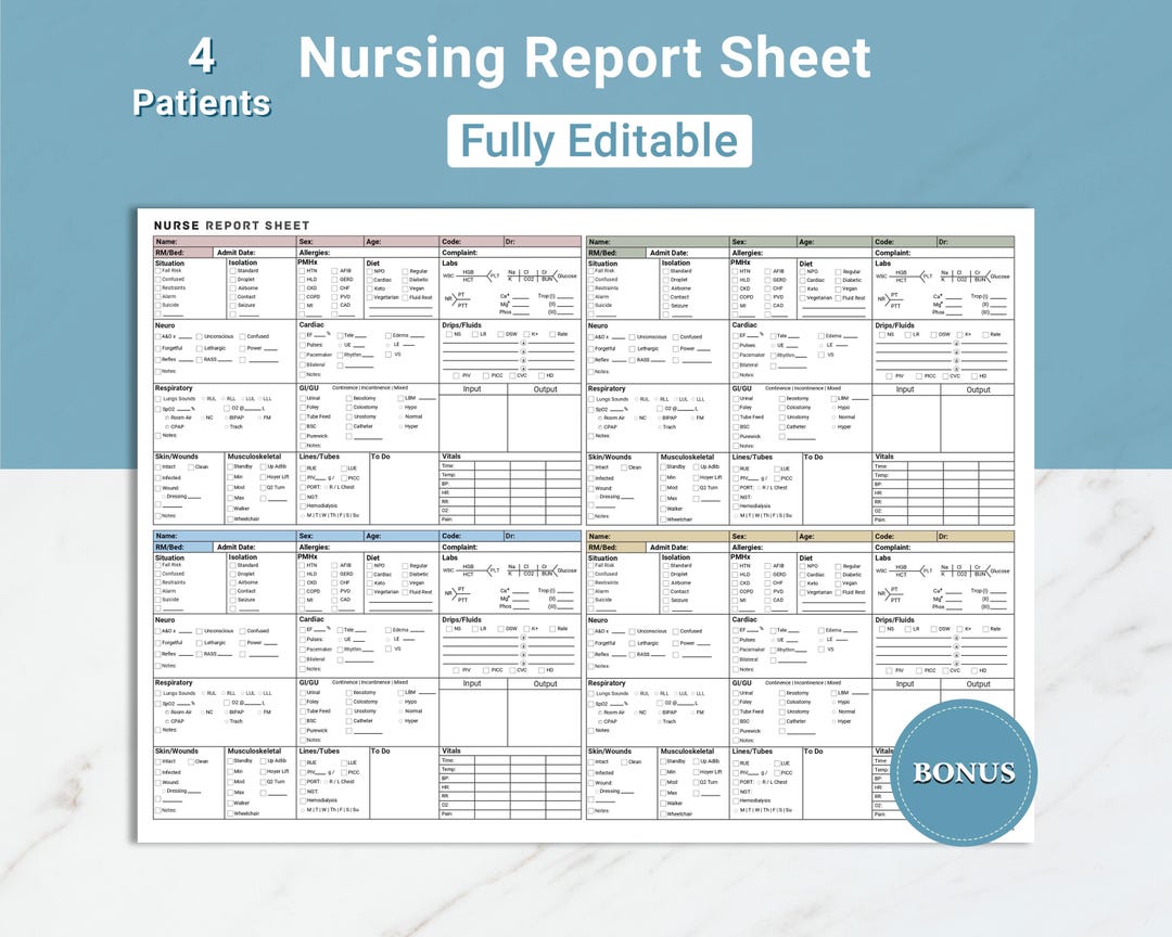 Editable Nursing Report Sheet 4 Patients Report Sheet Nurse Brain Med ...