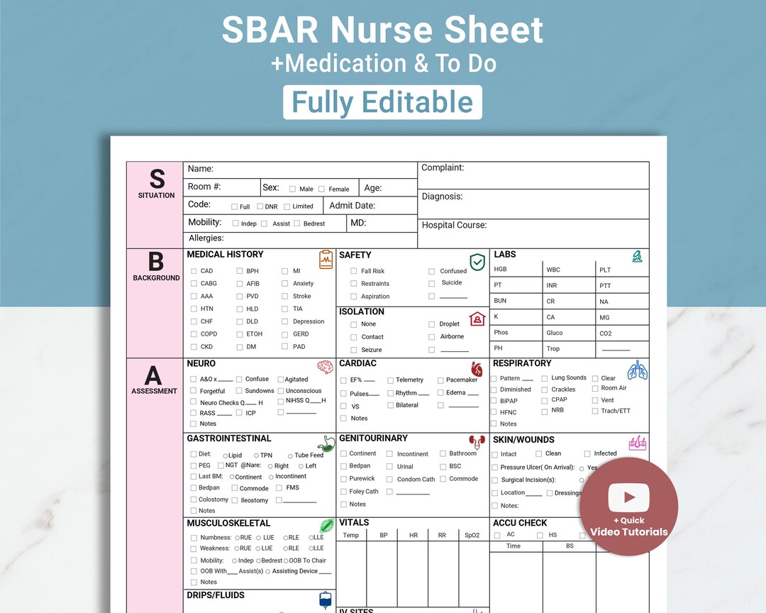 Editable SBAR Nurse Report Sheet Med Surg Nurse Brain Sheet ICU Nursing ...