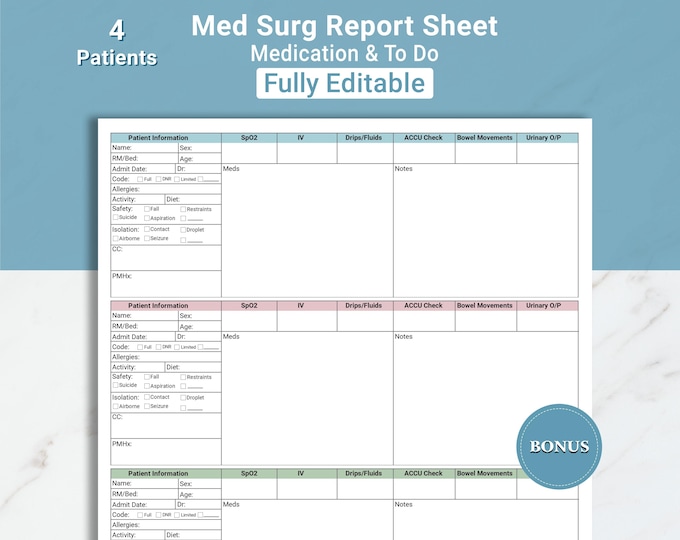 4 Patients Nursing Report Sheet, Med Surg, Telemetry | Digital Download PDF - Etsy