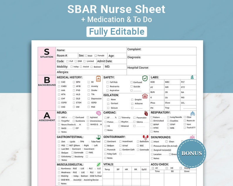 Editable SBAR Nurse Report Sheet Med Surg Nurse Brain Sheet ICU Nursing ...