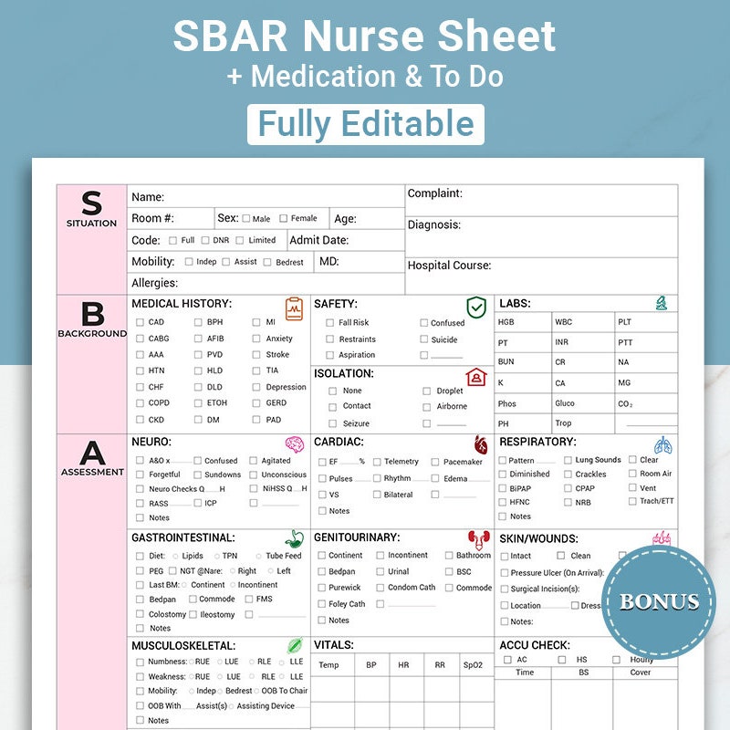 Sbar Nurse Report Sheet - Etsy