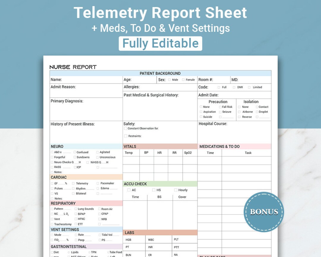 Telemetry Nurse Report Sheet Cardiac Nurse Brain Med Surg Nursing ...
