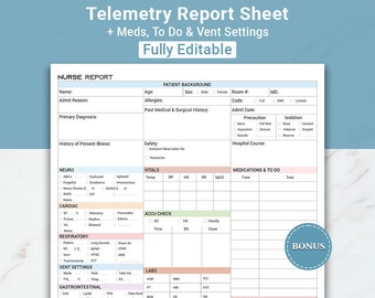 Editable Telemetry Nurse Brain Report Sheet Med Surg Nursing Report ICU ...