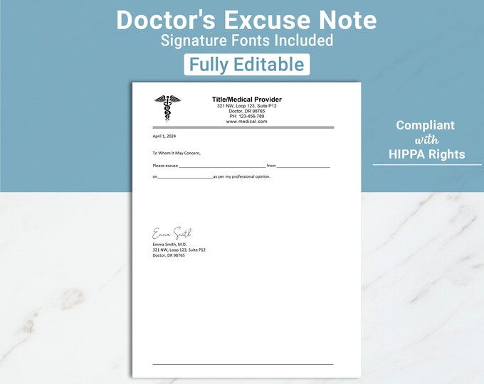 Editable Dr Note With Signature, Doctor Excuse Note, Doctor's Excuse ...