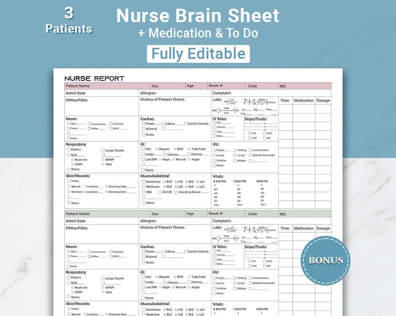Editable 3 Patient Nursing Report Sheet W/ Hourly Rounding, Med Surg ...