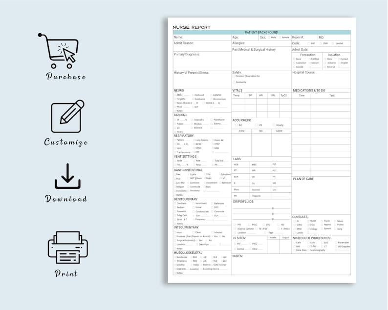 Editable Cardiac Nurse Report Sheet Telemetry Nurse Brain Report Sheet ...