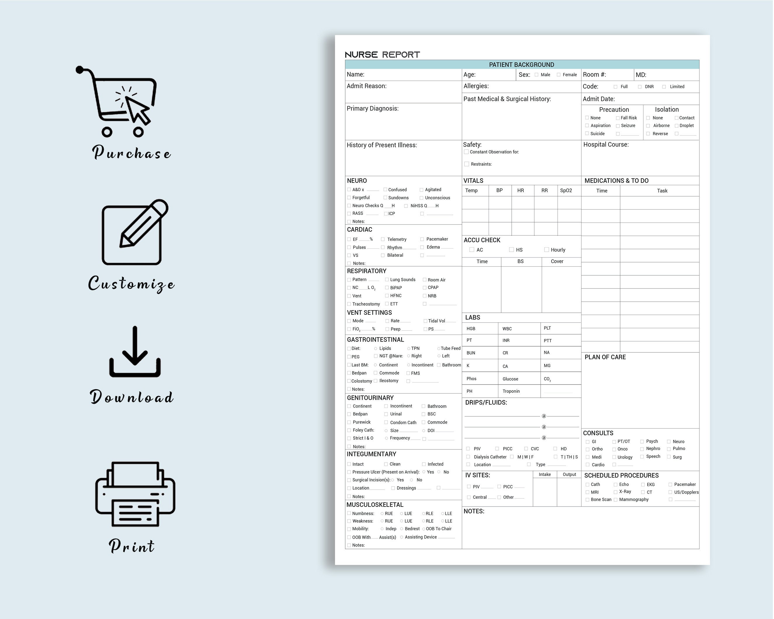 Editable Cardiac Nurse Report Sheet Telemetry Nurse Brain Report Sheet ...