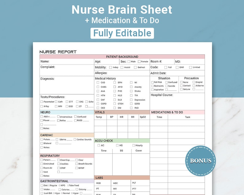 Editable Nurse Report Sheet, ICU Nurse Brain Med Surg Report Sheet ...