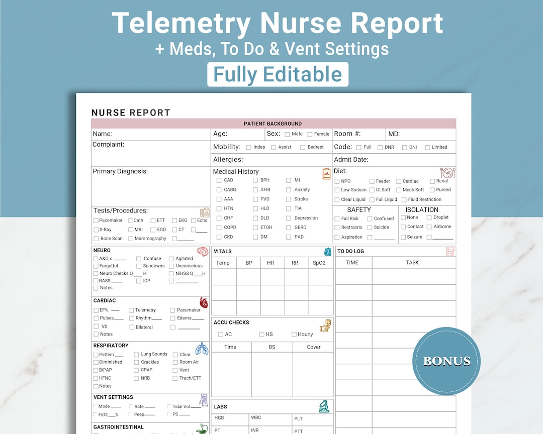 Editable Telemetry Nurse Report Sheet Cardiac Report Sheet Nursing ...