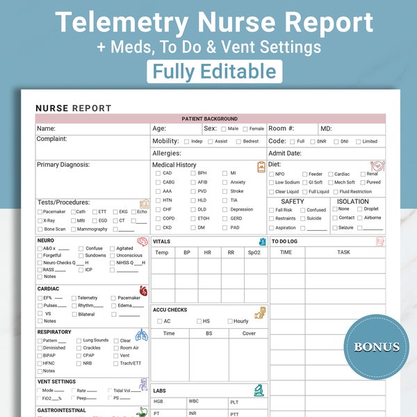 Editable Med Surg Nursing Brain Sheet 4 Patients Nurse ER Report Sheet ...