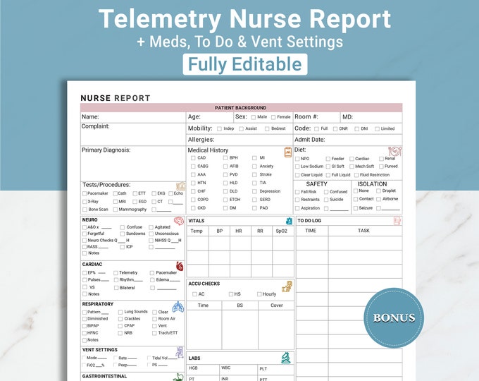 Editable Telemetry Nurse Report Sheet Cardiac Report Sheet Nursing ...