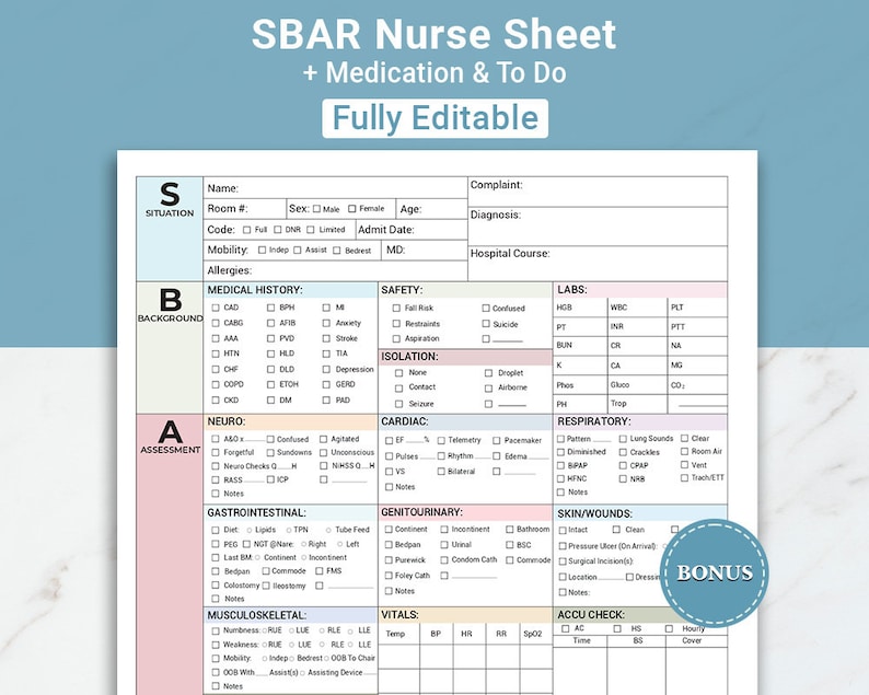 Editable SBAR Nursing Report Sheet Med Surg Nurse Brain ICU Report ...