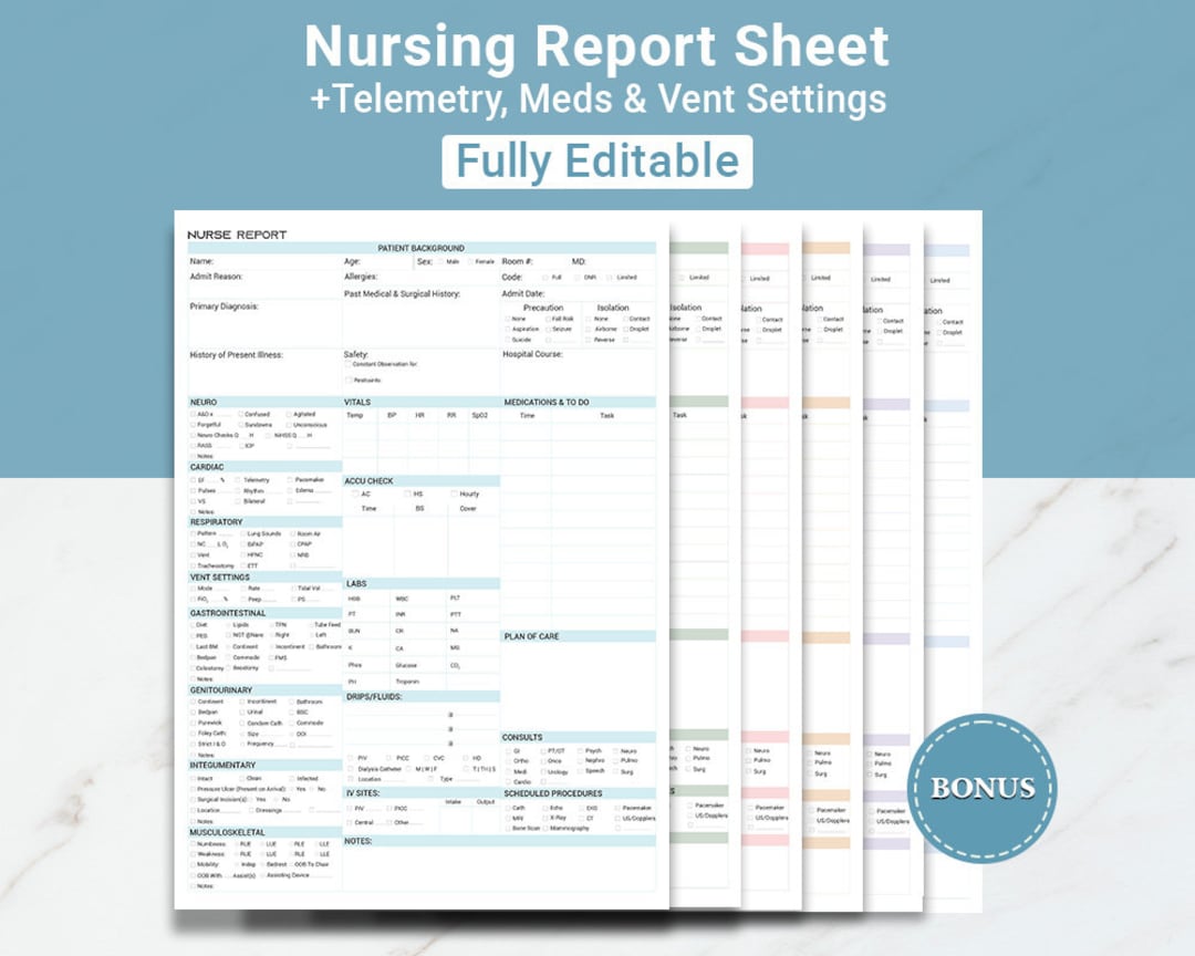 Editable Nursing Report Sheet Telemetry Nurse Brain Med Surg ICU Report ...