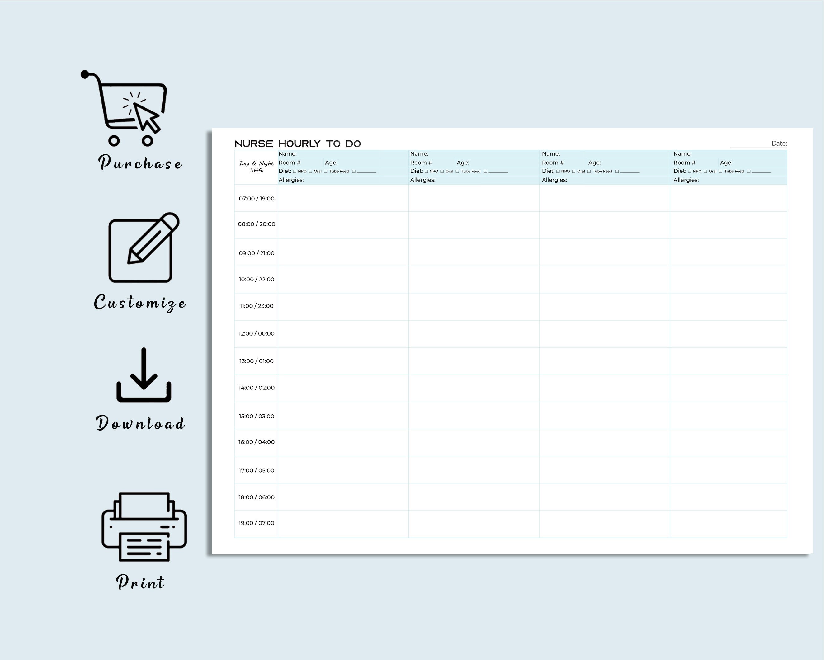 Editable Hourly Nurse Shift Planner, 4 Patient Report Sheet to Do Nurse ...