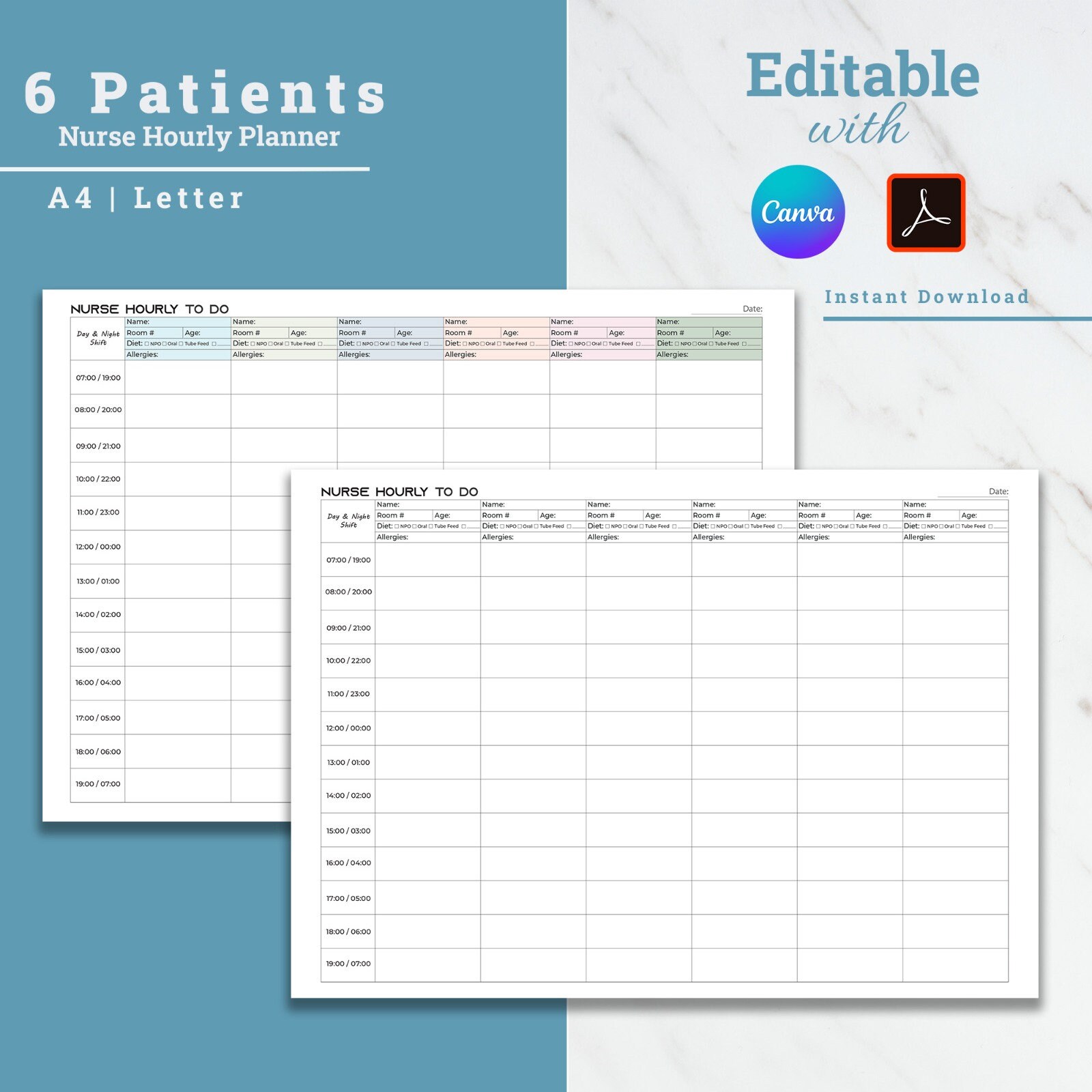 Editable Nurse Hourly Planner 6 Patient Medication, Nursing Report ...