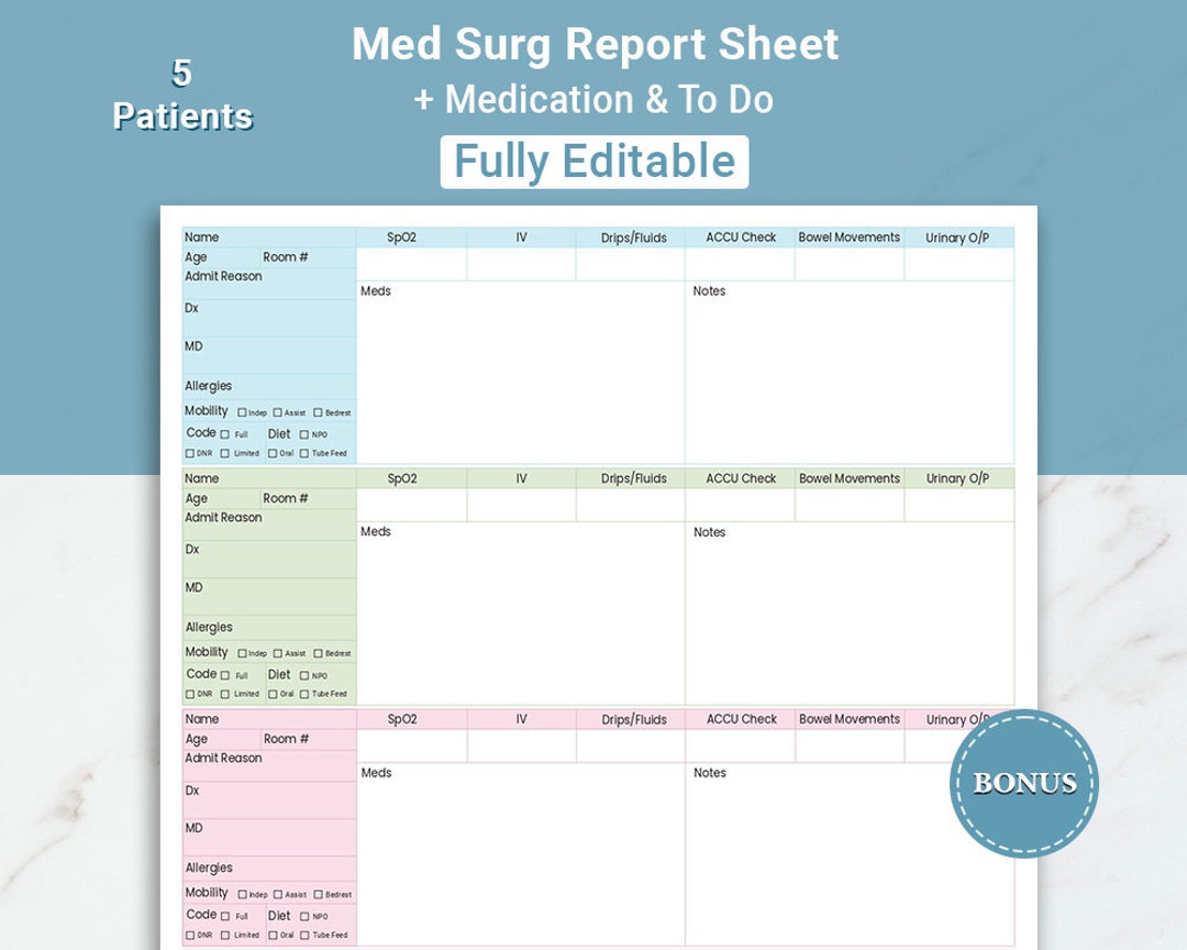 Editable 5 Patient Nursing Report Sheet & Nurse Hourly Planner, ICU ...